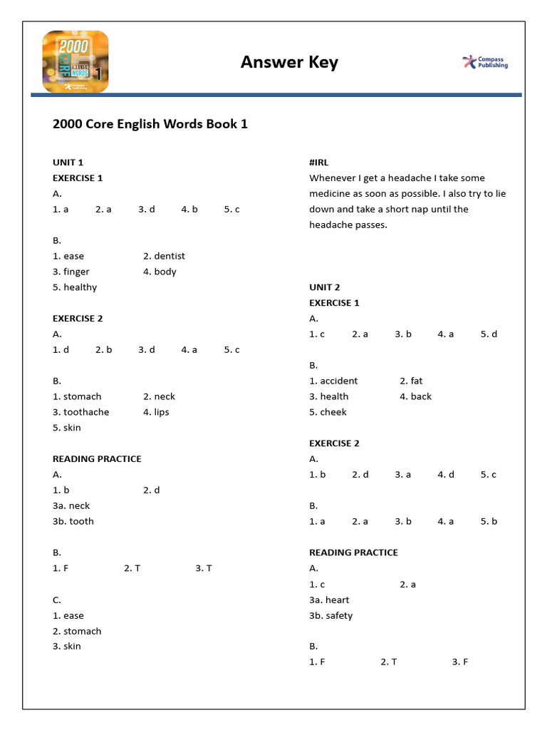 2000 Core English Words - 1 - Answer Key | PDF