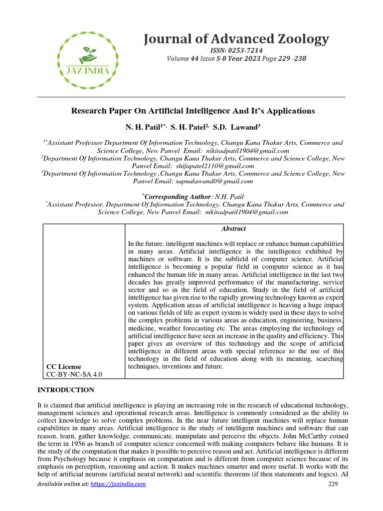 Journal of Advanced Zoology: Research Paper On Artificial Intelligence ...