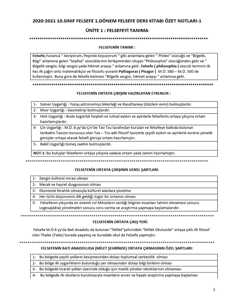 10.sinif Felsefe 1. Donem Ders Notlari | PDF