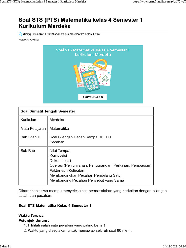 Soal STS (PTS) Matematika Kelas 4 Semester 1 Kurikulum Merdeka | PDF