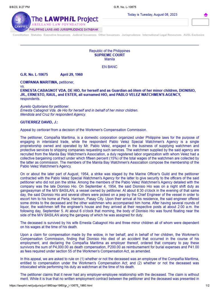 W2.7. Compania Maritima V Cabagnot 107 Phil 873 | PDF | Employment ...
