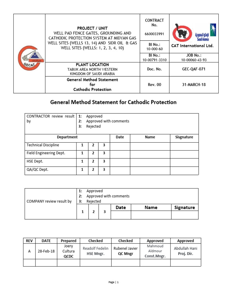 General Method Statement For Cathodic Protection Rev. C | PDF | Casing (Borehole) | Anode