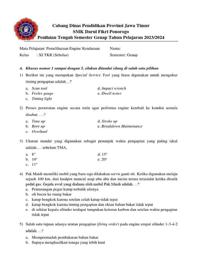Soal PTS Engine 2023 2024 SMT 2 | PDF