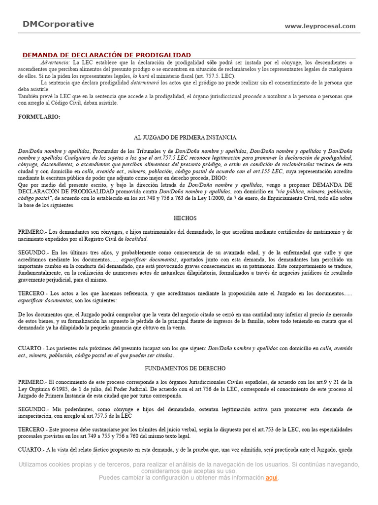 Demanda de Declaración de Prodigalidad | PDF | Demanda judicial ...