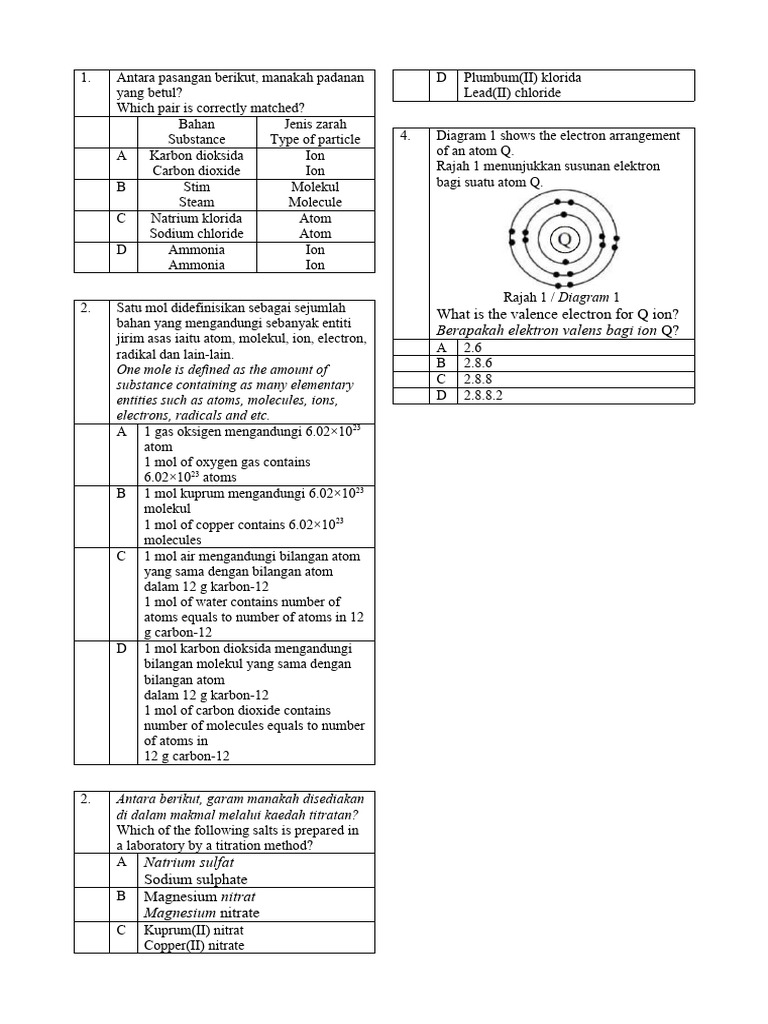 Form 4 Paper 1 MidYear 2021 | PDF | Mole (Unit) | Ion