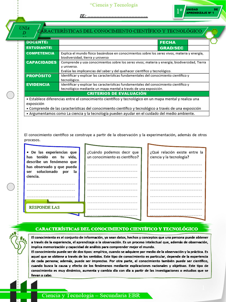 Ficha Caracterìsticas DL Conocimiento Cientifico y Tecnologico | PDF | Conocimiento | Observación