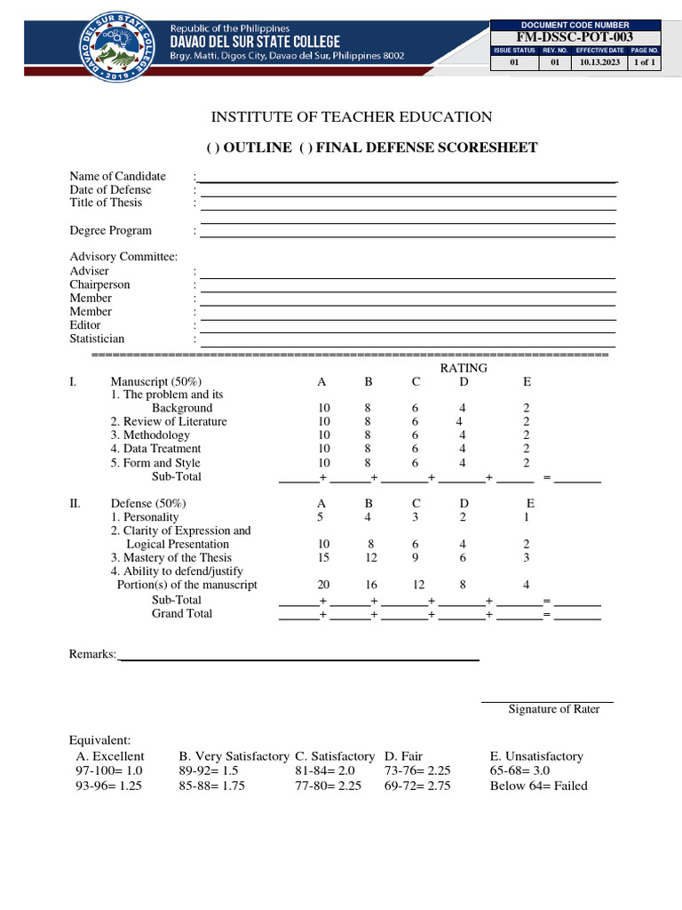 NEW FORMAT FM DSSC POT 003 Thesis Outline Defense Score Sheet FINAL ...