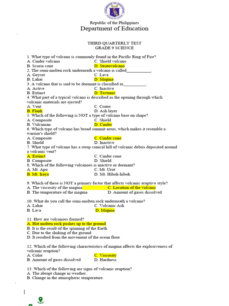 Science 9 Test Q3 | PDF | Volcano | Geothermal Energy