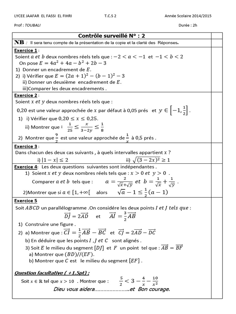 Contrôle de maths T.C.S 2 - 2014/2015 | PDF | Mathématiques