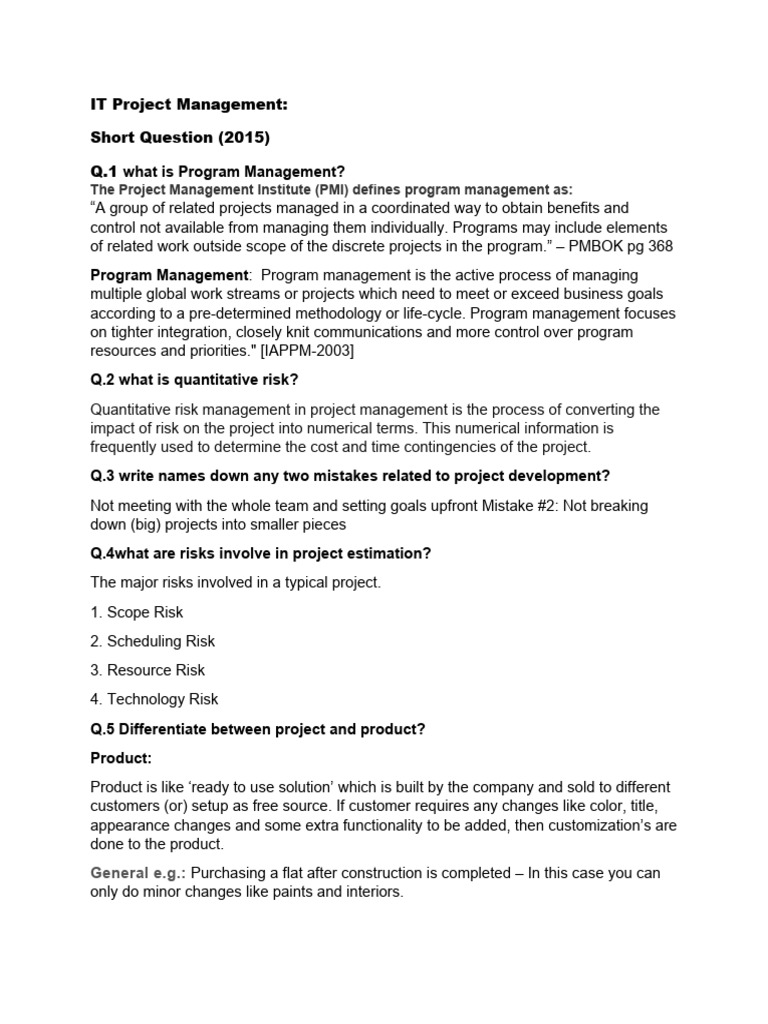 IT Project Management 15,16,18,19 Short Questions | Download Free PDF | Project Management ...