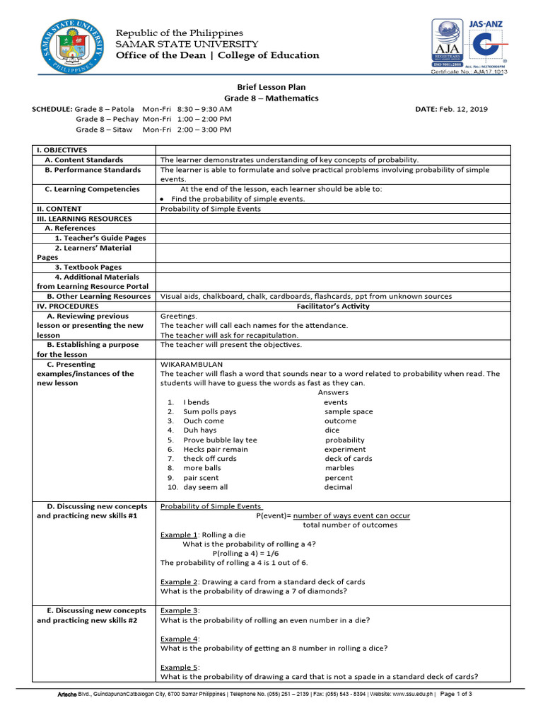 Grade 8 Math Lesson Plan: Probability | PDF | Probability | Learning