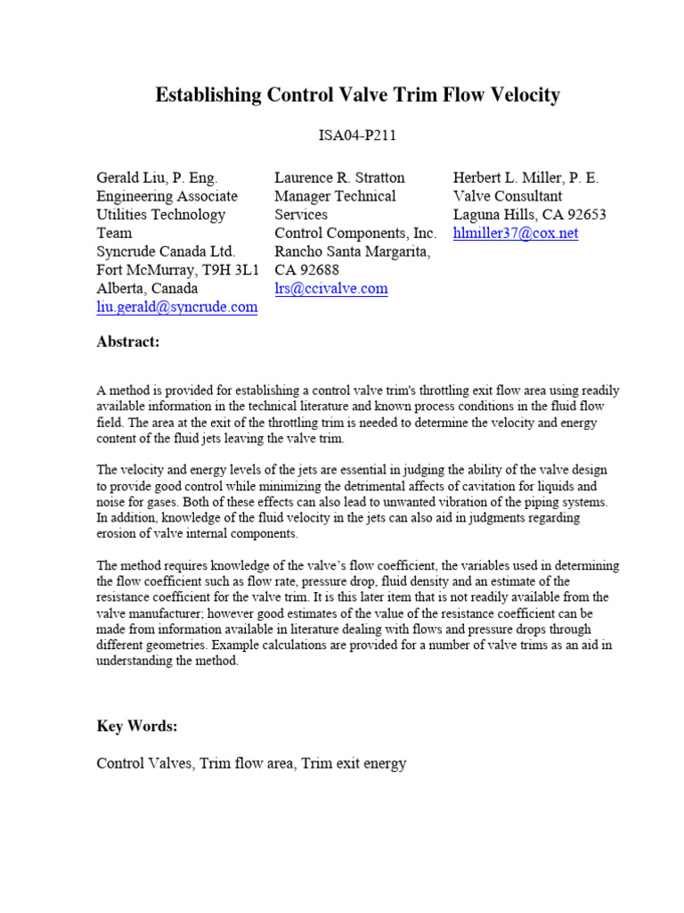 15 Establishing Control Valve Trim Flow Velocity - ISA04-P211 ...