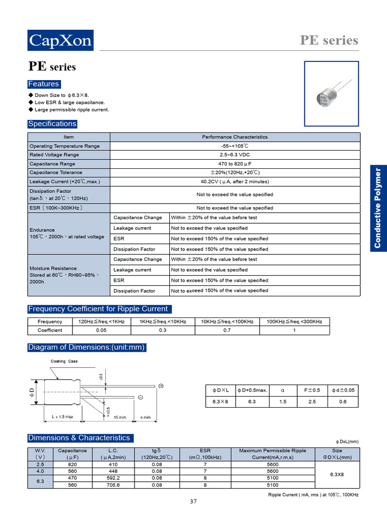 Capxon (Polymer) 2011 PE Series | Download Free PDF | Capacitor | Manufactured Goods