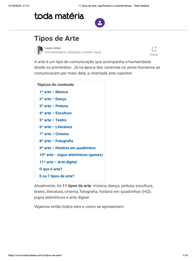 11 Tipos de Arte - Significados e Características - Toda Matéria | PDF ...