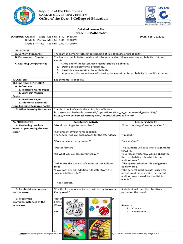Grade 8 Experimental Probability Lesson Plan | PDF | Probability | Learning