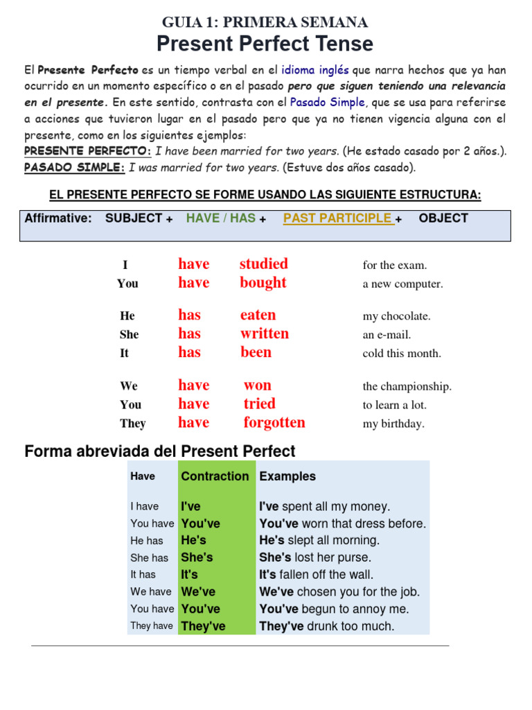 Guia 1 Semana Present Perfect | PDF | Verb | Linguistics