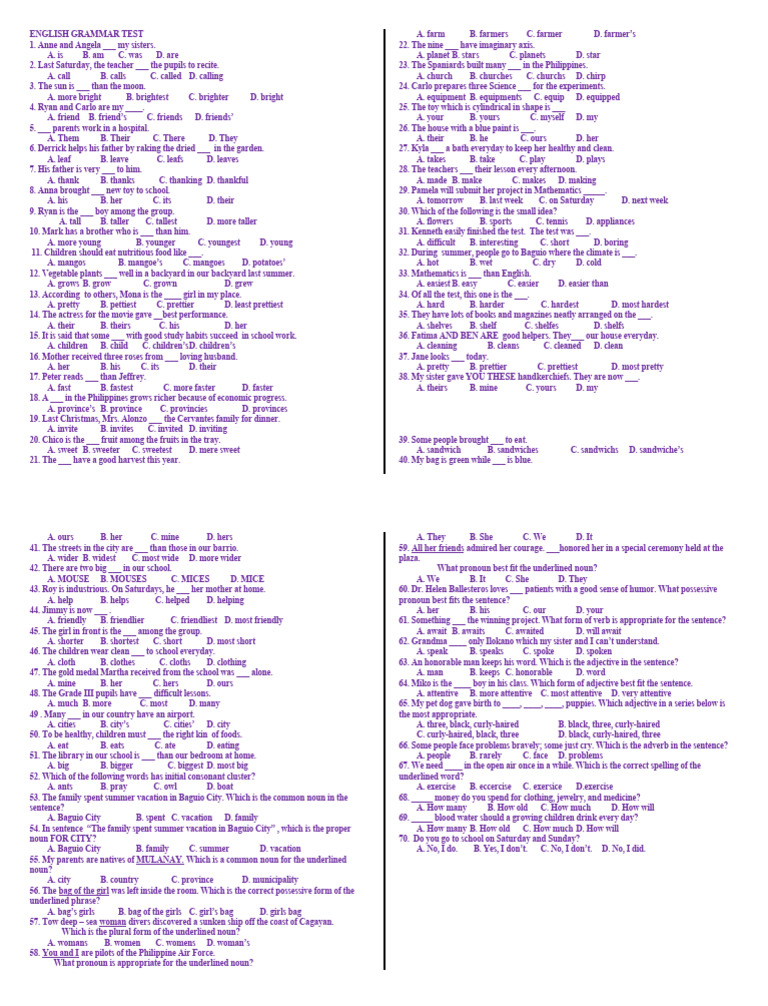 English Grammar Test | PDF | Syntax | Linguistic Morphology