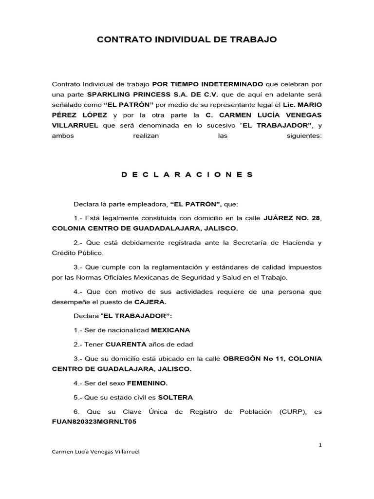 Contrato Individual de Trabajo | PDF