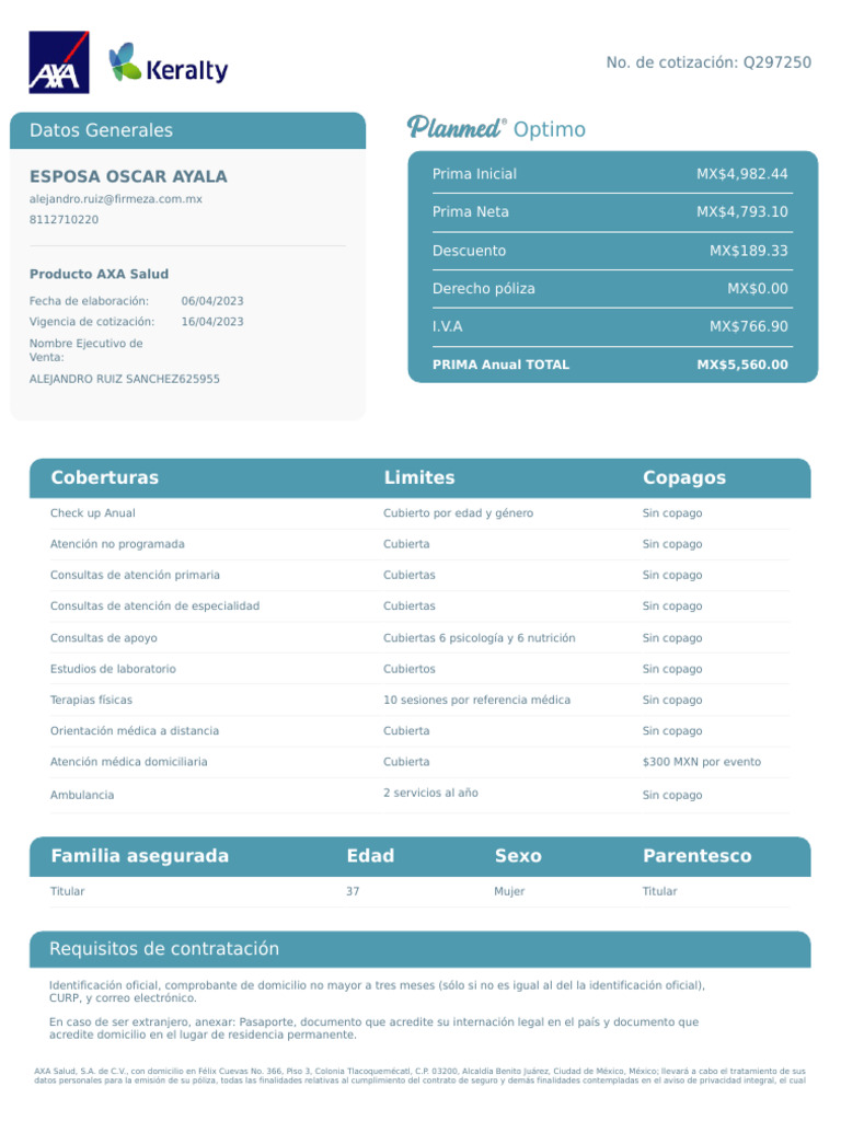 Axa Keralty Cotizacion | PDF | Póliza de seguros