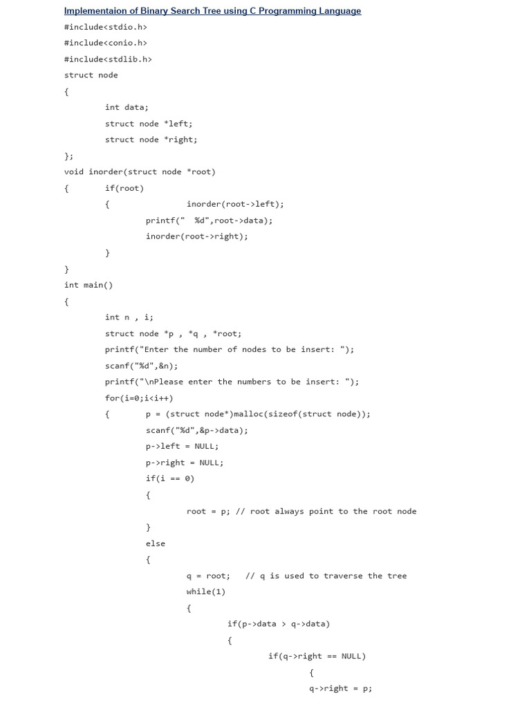 Implementaion of Binary Search Tree Using C Programming Language | PDF
