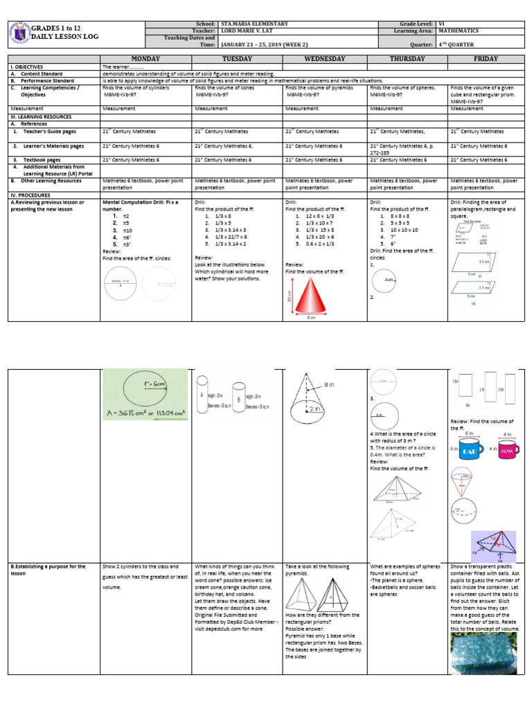 DLL Mathematics 6 q4 w2 | PDF | Volume | Area