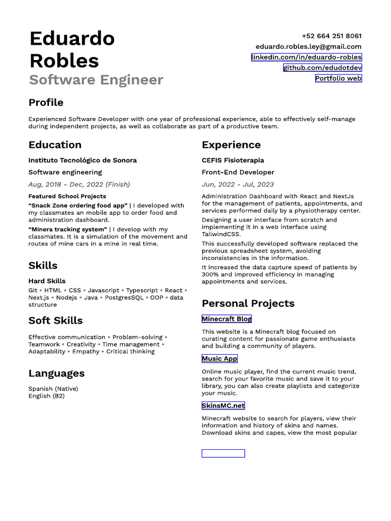 Cv Eduardo Robles Software Engineer Pdf Websites Computing