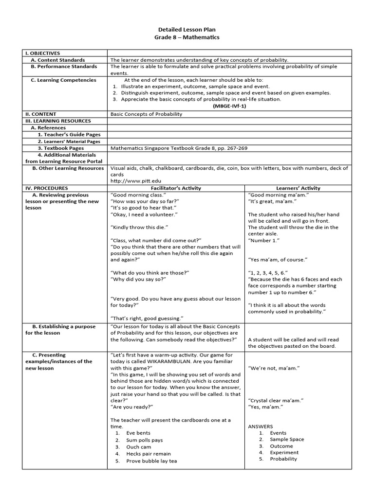 Grade 8 Probability Lesson Plan | PDF | Learning | Probability