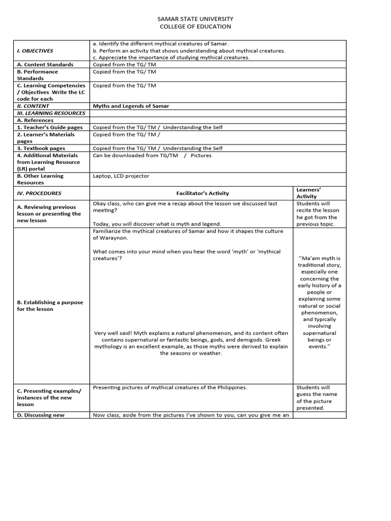 Lesson Plan - Myths and Legends | PDF | Legendary Creatures | Religious ...