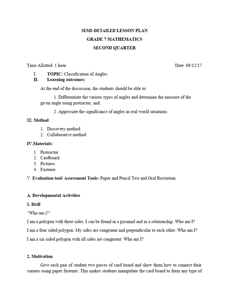 Lesson Plan - Classfication of Angles | PDF