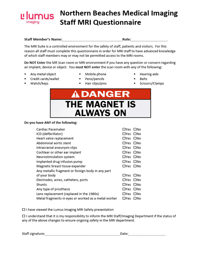 Lumus Staff MRI Questionnaire | PDF | Implant (Medicine) | Magnetic ...
