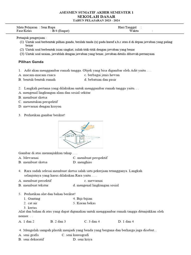 Soal Seni Rupa Kelas 4 Semester 1 Kurikulum Merdeka | PDF