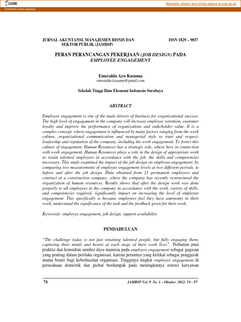 Peran Perancangan Pekerjaan (Job Design) Pada: Employee Engagement ...