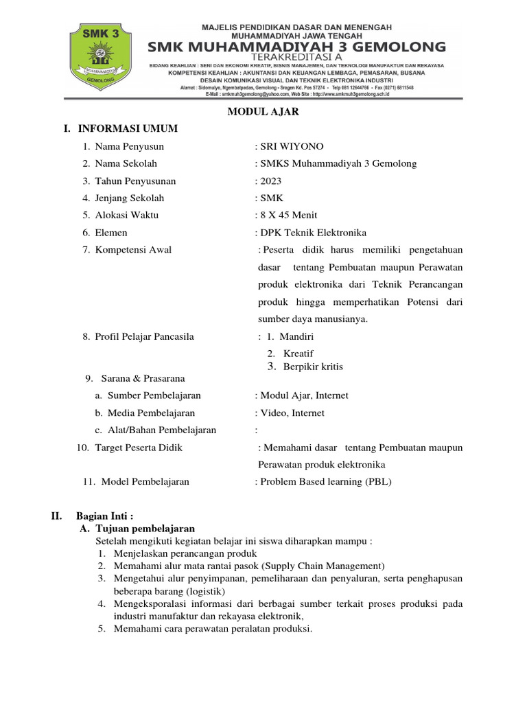 MODUL AJAR - Dasar Darar Teknik Elektronika - Fase E Kelas X TEI | PDF