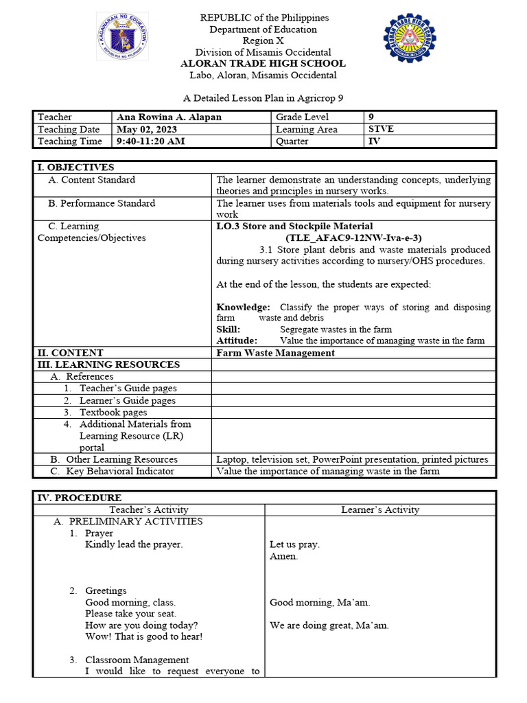 A Detailed Lesson Plan Agriculture | PDF | Waste | Waste Management