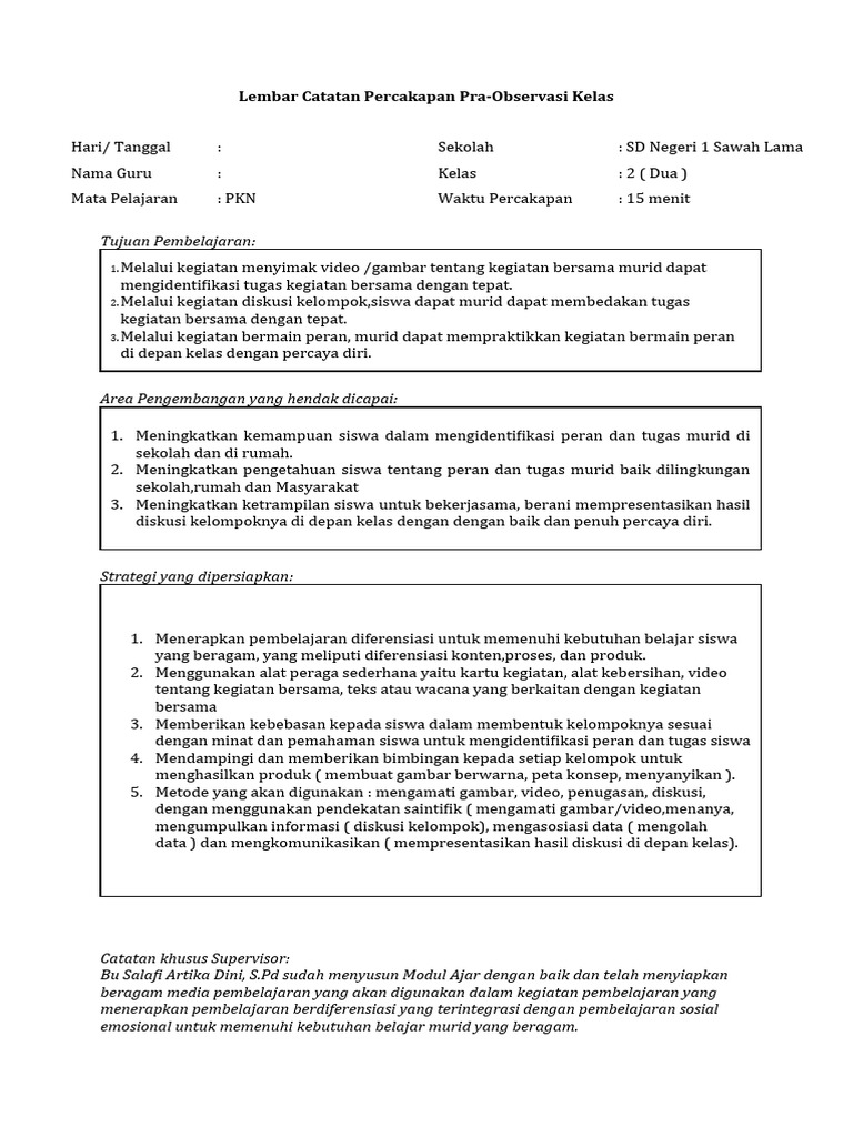 1 - Lembar Catatan Percakapan Pra-Observasi Kelas | PDF