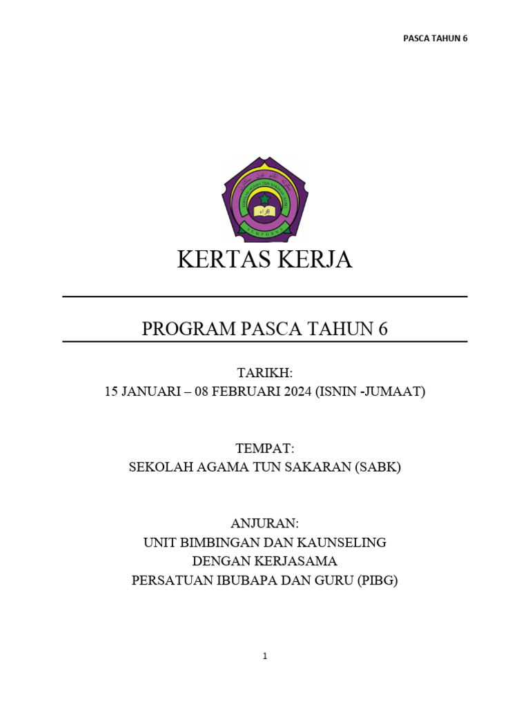 Kertas Kerja Program Pasca Tahun 6 | PDF