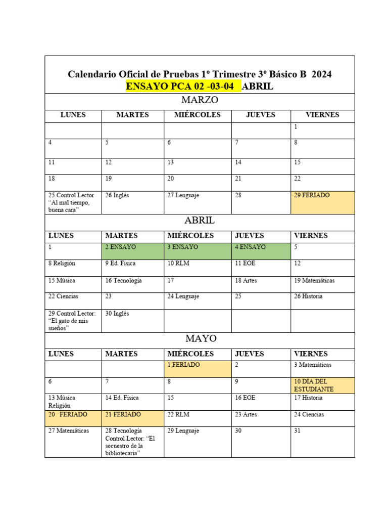 Calendario PCA 1º Trimestre 2024 | PDF