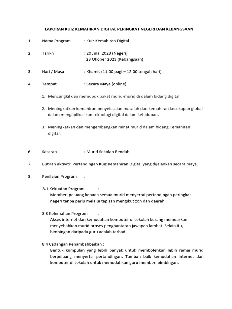 Laporan Kuiz Kemahiran Digital 2023 | PDF