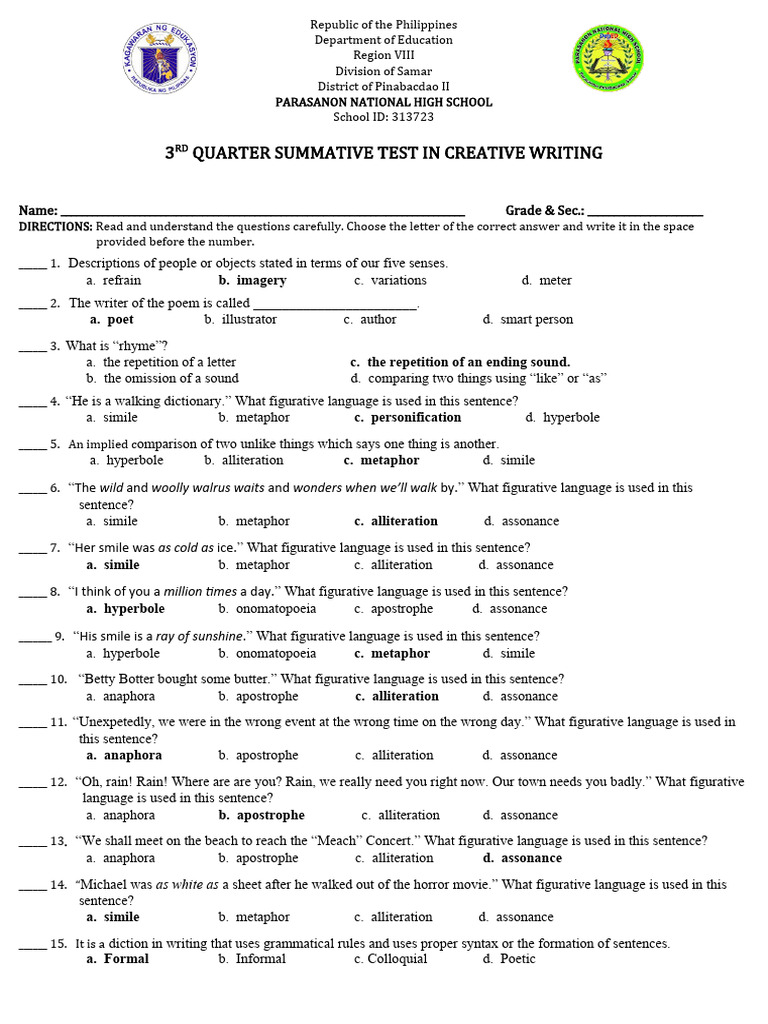 Test - Questionnaire - Creative Writing - Q1 | PDF | Poetry | Metaphor