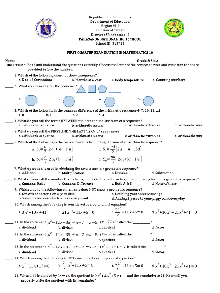 Test Questionnaire Math10 Q1 | PDF | Division (Mathematics) | Factorization