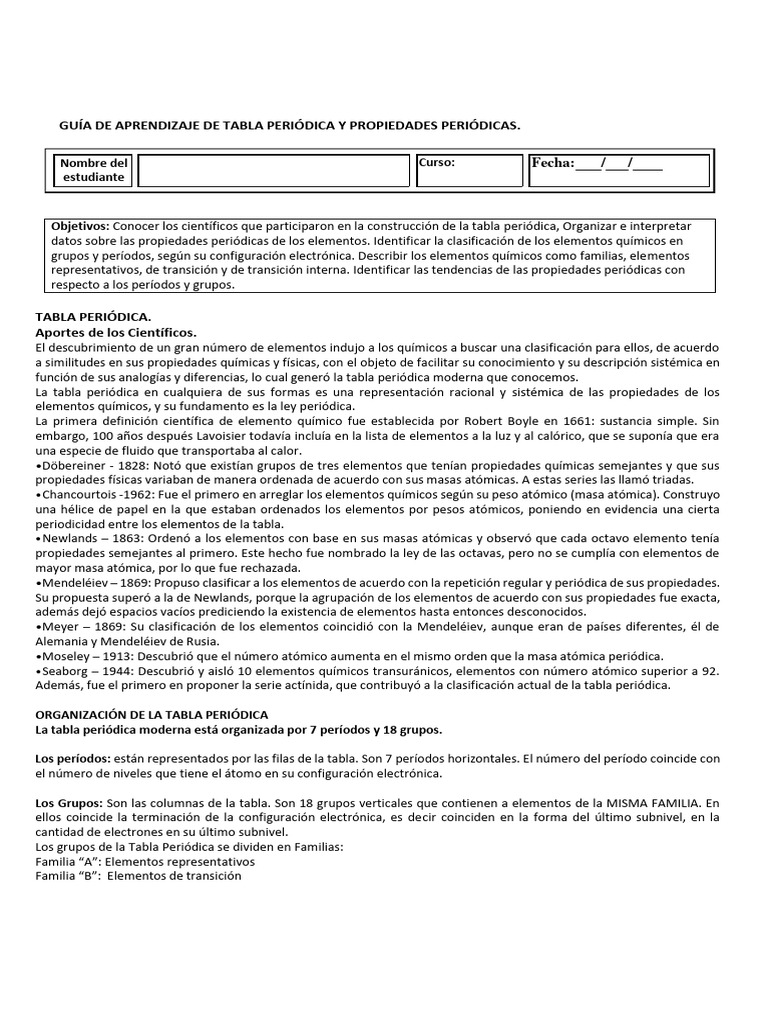 Guia de Aprendizaje Tabla Periódica 1eros Medios | PDF | Tabla ...