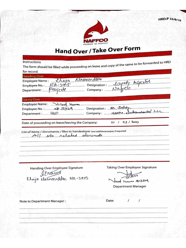 Hand Over and Clearance Document | PDF