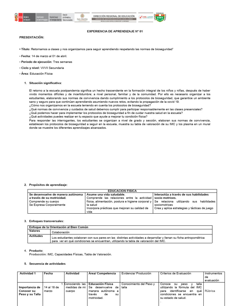 Experiencia de Aprendizaje N°01 Ed. Fisica. | PDF | Evaluación | Aprendizaje
