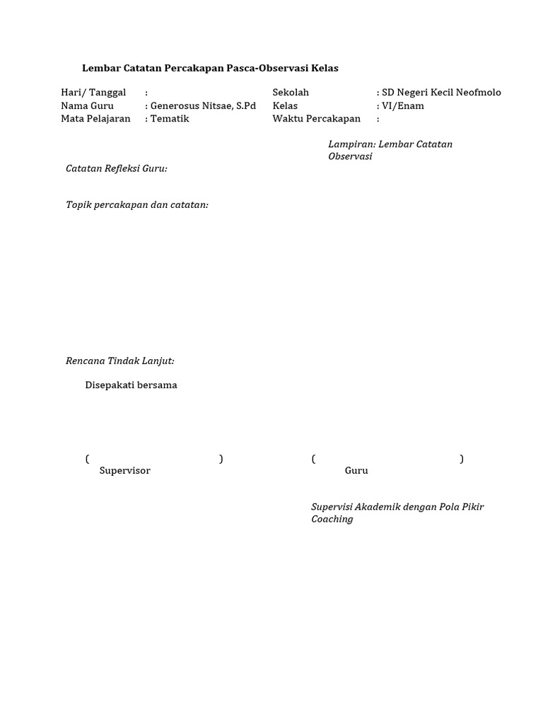 Lembar Catatan Percakapan Pasca-Observasi Kelas | PDF