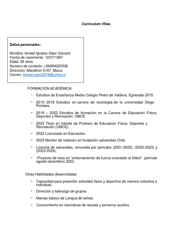 CV Pofesor EFI Ismael Sáez-2 | PDF | Maestros | Enseñando