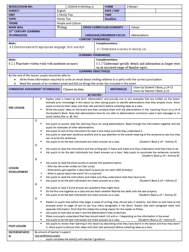 Form 3 English Language Lesson Plan | PDF | Learning | Behavior ...
