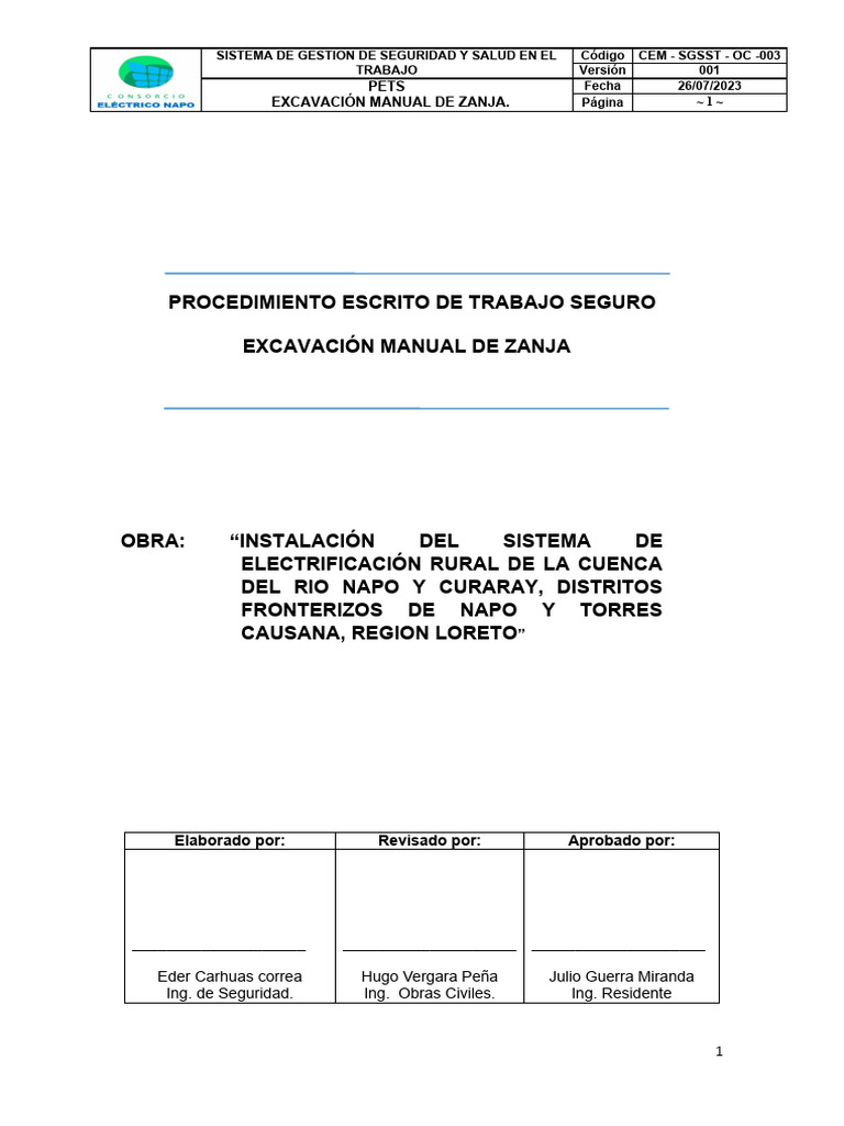 Cem - SGSST - Oc - 003 - Pets Excavación Manual de Zanja | PDF ...