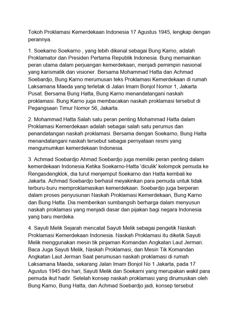Tokoh Proklamasi Kemerdekaan Indonesia 17 Agustus 1945 | PDF