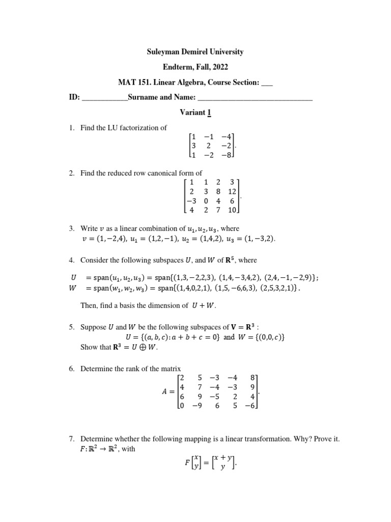 Endterm Variant 1, and 2 | PDF | Linear Map | Linear Subspace