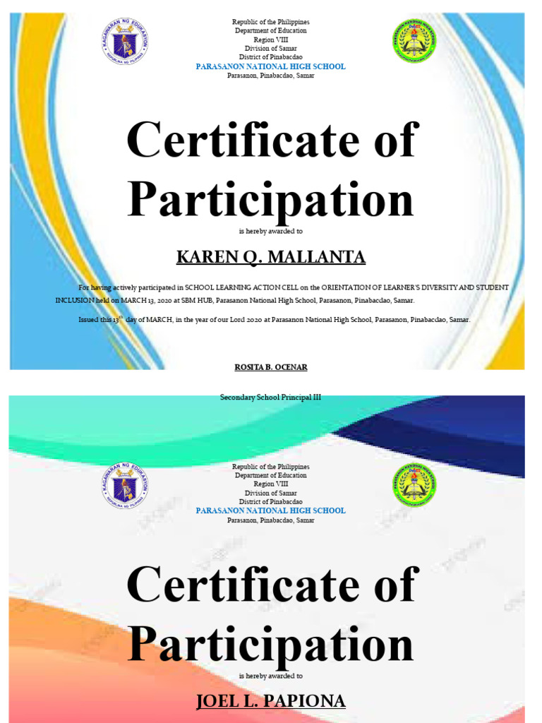 Certificate of Participation | PDF | Learning | Behavior Modification